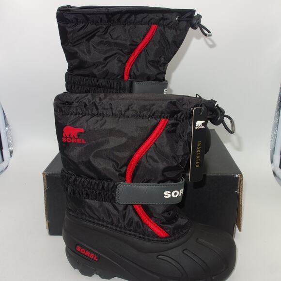 Sorel | Shoes | New Sorel Flurry Insulated Snow Boots Black Red Youth ...